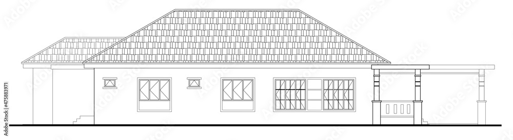 2D CAD house external elevation drawing complete with facade decoration ...