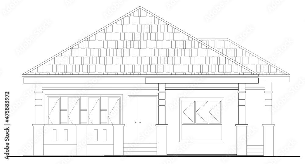 2D CAD house external elevation drawing complete with facade decoration ...