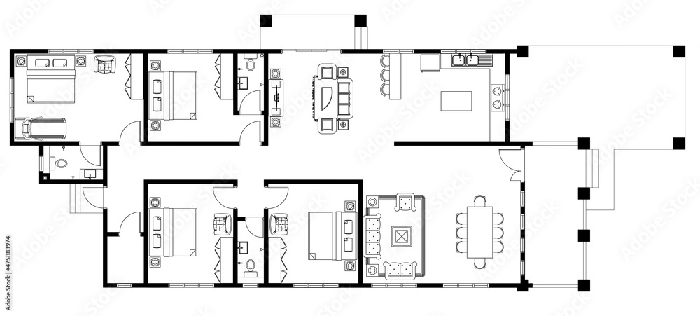 2D CAD house layout plan drawing with 3 bedrooms complete with 2 ...
