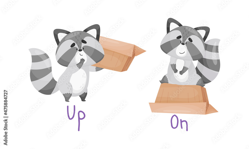 Learning English preposition set. Cute cat up and on the box ...