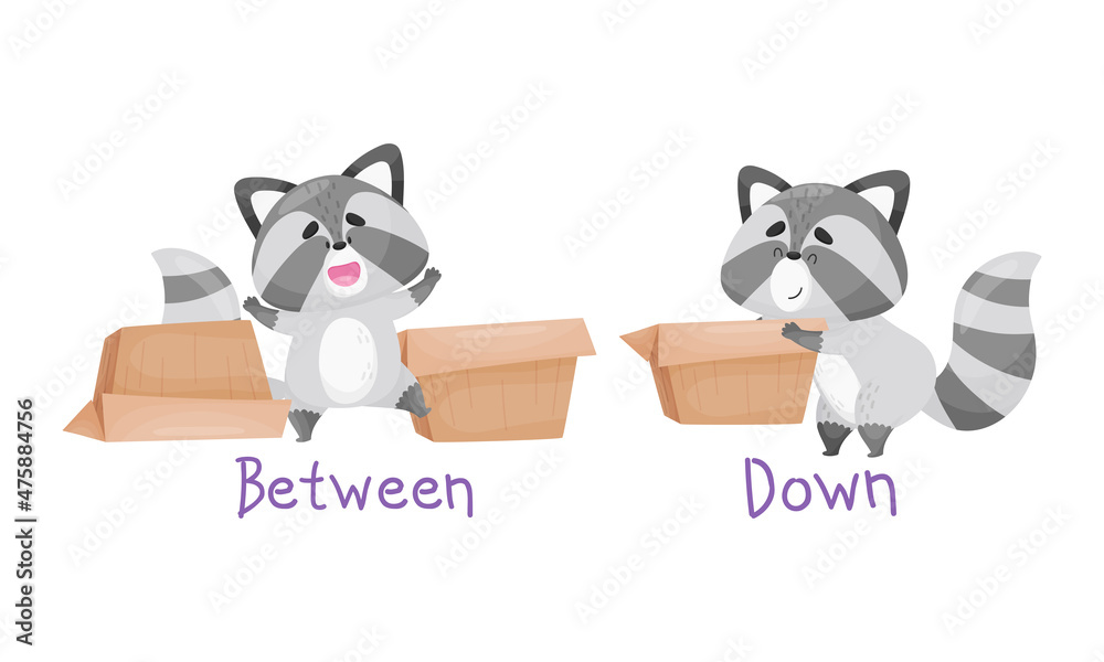 Learning English preposition set. Cute cat between and down the box ...