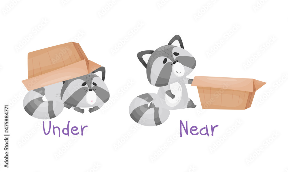 Learning English preposition set. Cute cat under and near the box ...
