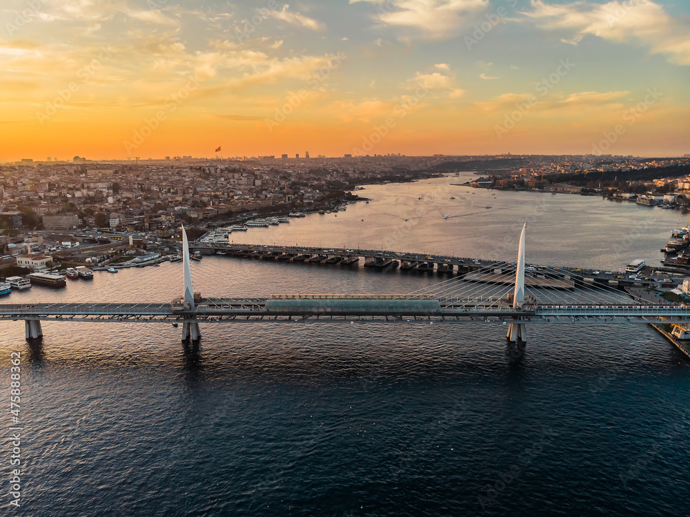 Drone shot of the Golden Horn Bridge in Istanbul. Cable-stayed bridge ...