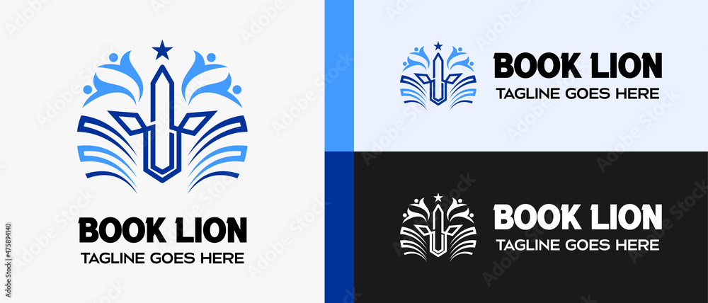 book logo design template, star pencil and lion head inside person icon ...