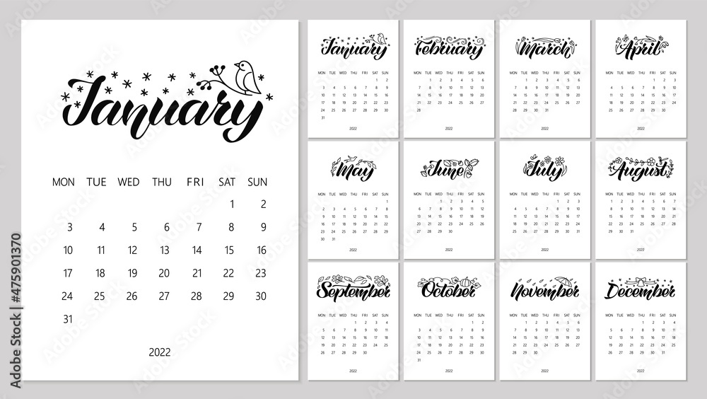 Vector Calendar Planner for 2022 Year with handdrawn lettering and ...
