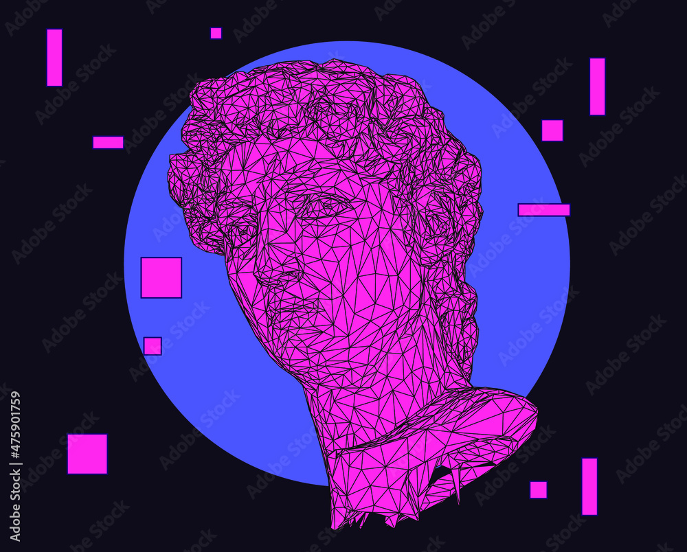 Retrofuturistic style 3D illustration of a low poly bust on dark ...