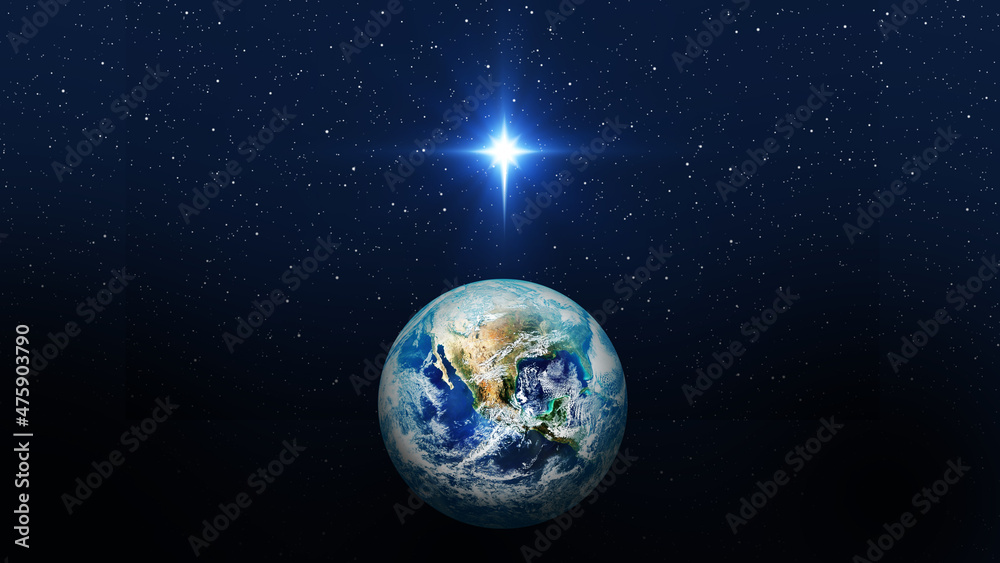 Bright star over planet earth. Christmas star of the Nativity of ...