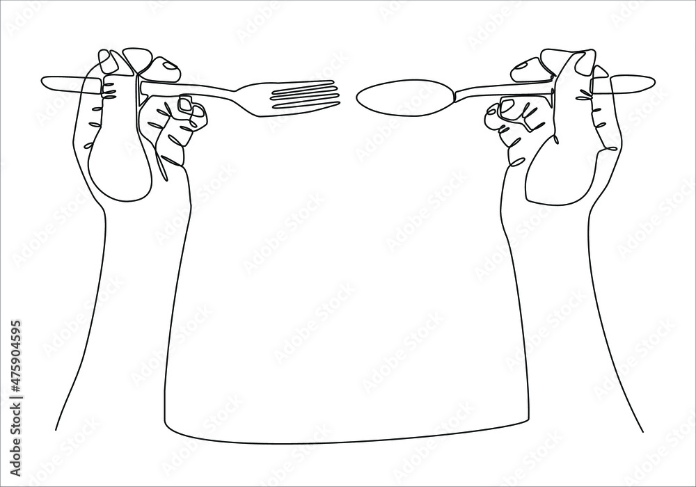 continuous line drawing of Hands holding a spoon and fork. Isolated ...