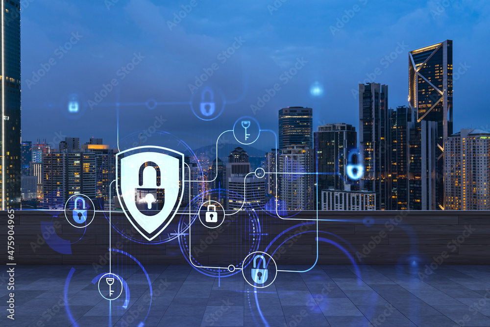 Rooftop with wooden terrace, Kuala Lumpur night skyline. Cyber security ...