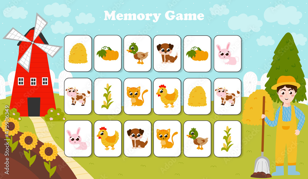 Memory game for kids with farm themed cards in cartoon style with ...