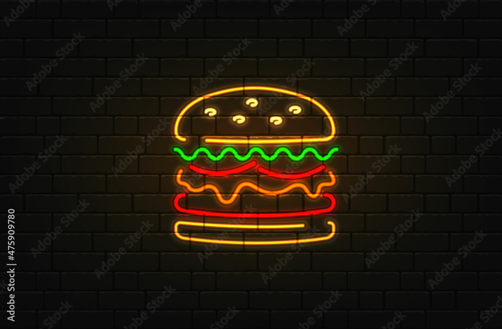 Neon burger sign. Glowing burger emblem isolated on dark brick wall ...
