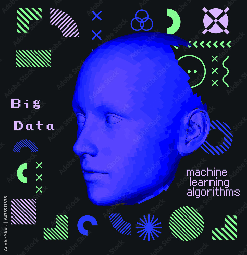 3D low poly wireframe model of a human head with pixel artifacts ...