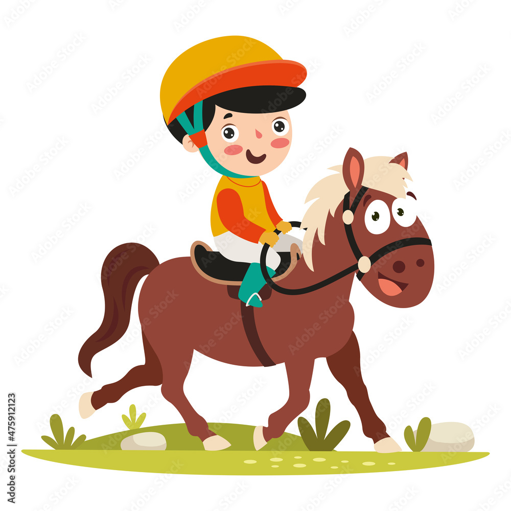 Cartoon Illustration Of A Kid Riding Horse Stock Vector | Adobe Stock