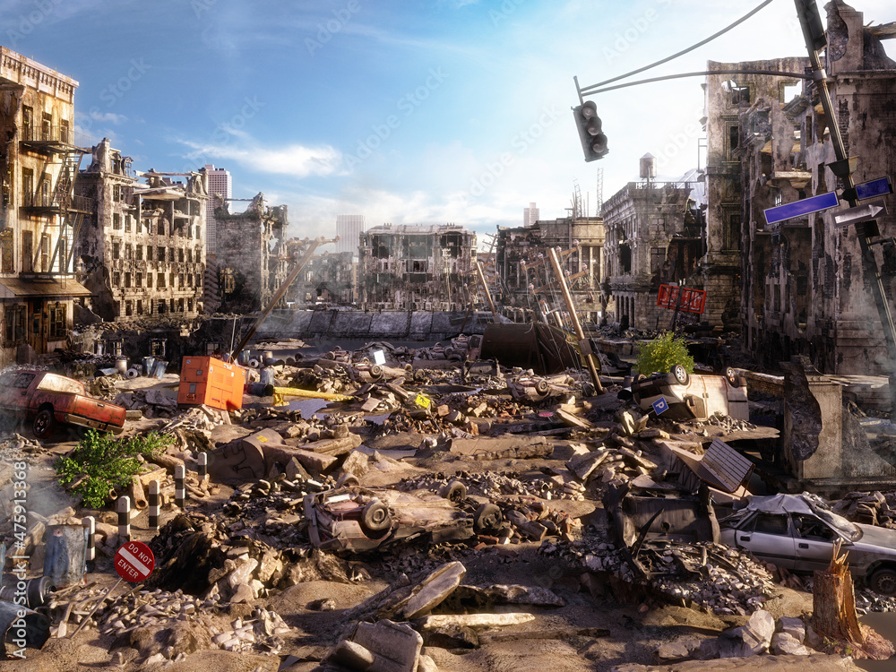 Aftermath of deadly tornado. Ruined city after storm disaster; cars, homes heavily damaged by a ...