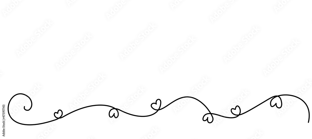 One line drawing of small hearts on vertical wavy line, Hand drawn ...