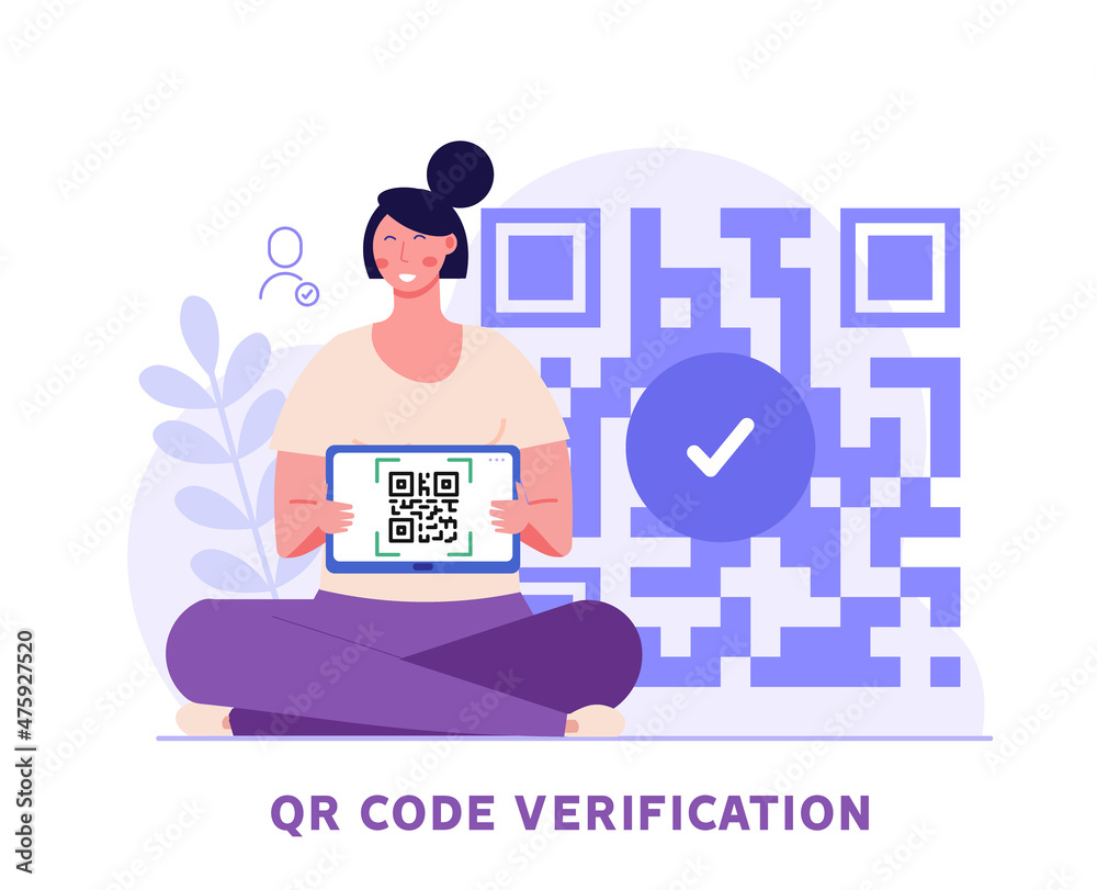 Woman using phone with QR sign. Users scanning QR-code for account sign ...