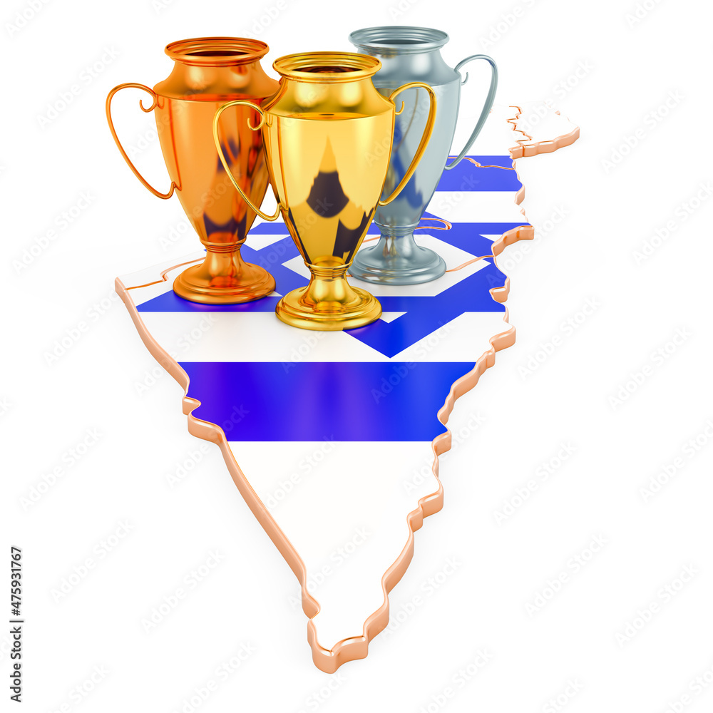 Trophy Cups on Israeli map. Sport Tournaments in Israel, concept. 3D ...