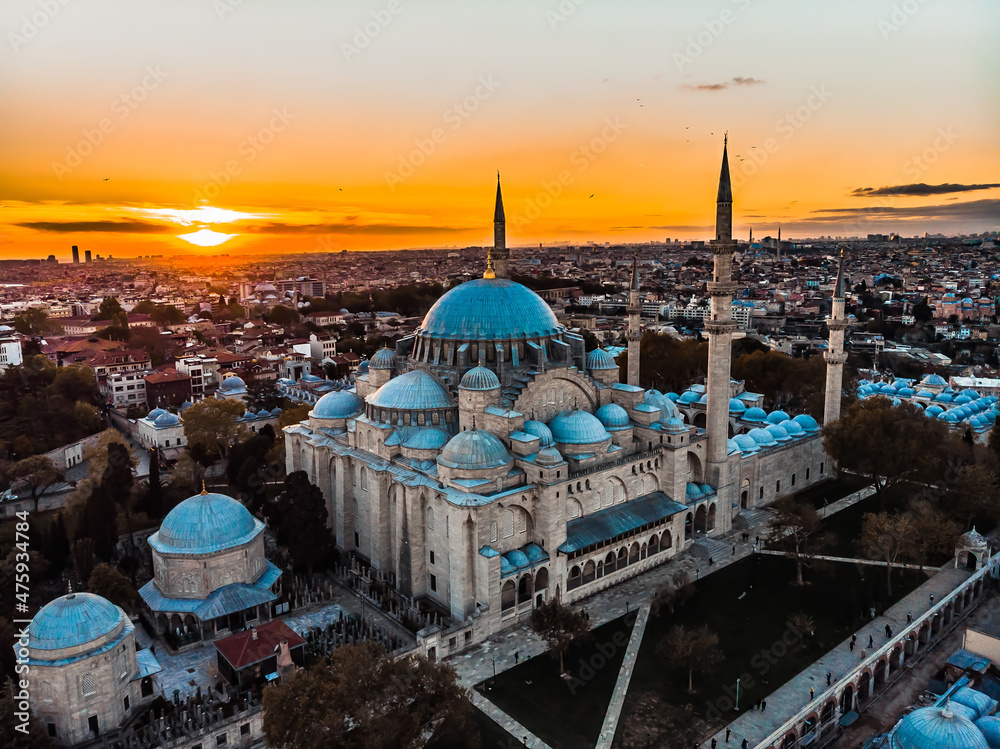 Drone shot of the Suleymaniye Mosque in Istanbul. Tomb of Sultan ...