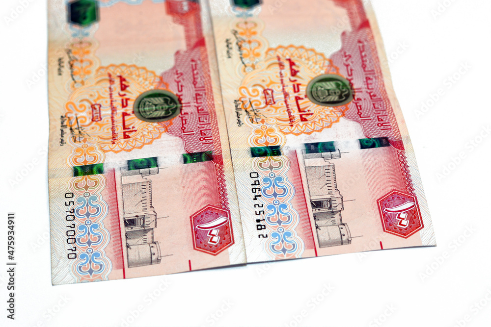 Selective focus of 100 AED one hundred Dirhams banknote bill currency ...