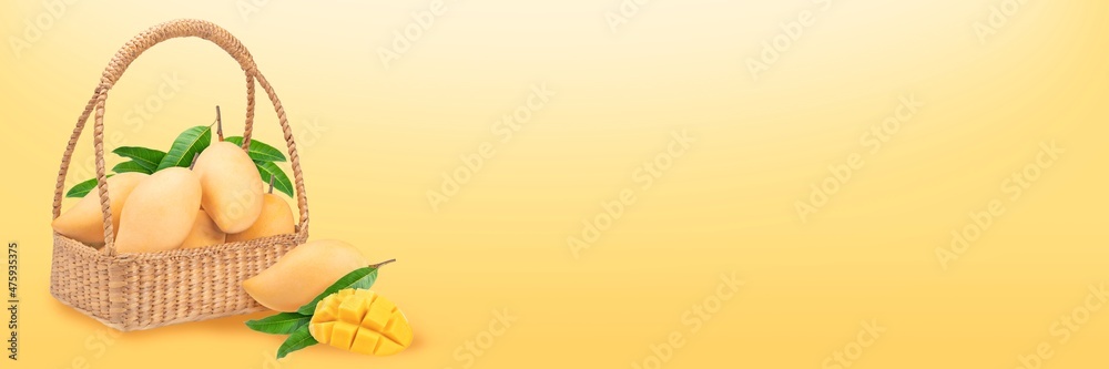 Delicious Mango fruit banner, Fresh mango with leaf in basket on yellow ...