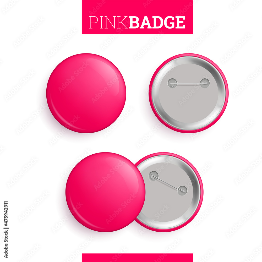 Set of pink round metal blank pin buttons. Front and back side of ...