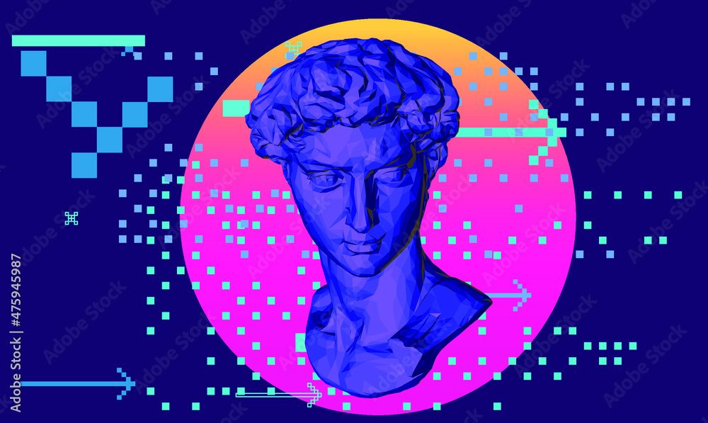 Retrofuturistic style 3D illustration of a low poly bust on dark ...