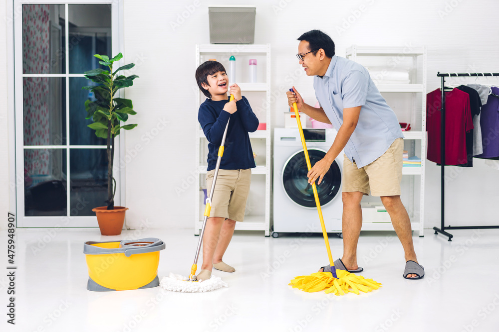 Father teaching asian kid little boy son having fun doing household ...