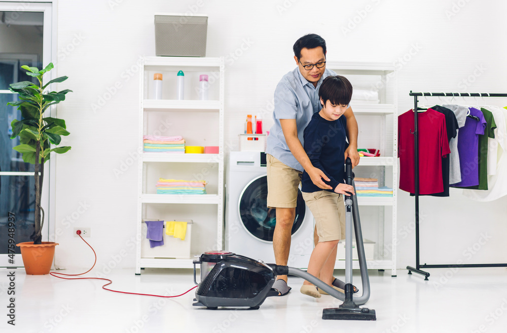 Father teaching asian kid little boy son having fun doing household ...