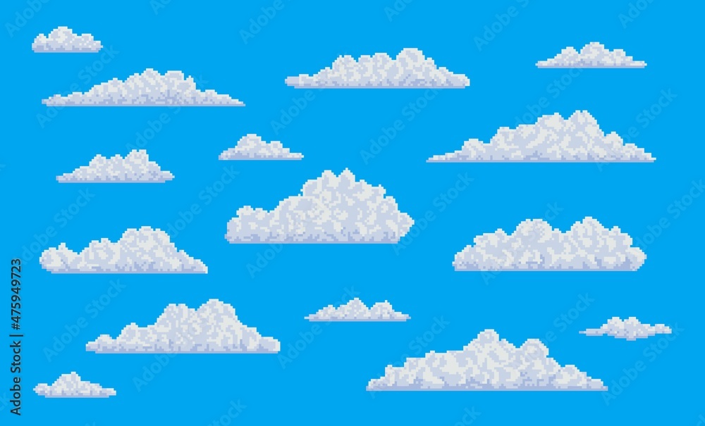 White pixel fluffy bubble clouds on blue sky. 8 bit art game vector ...