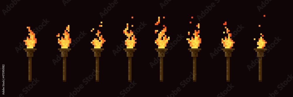 Cartoon pixelated torch fire flame animation of 8 bit pixel art game ... Cartoon pixelated torch fire flame animation of 8 bit pixel art game ...