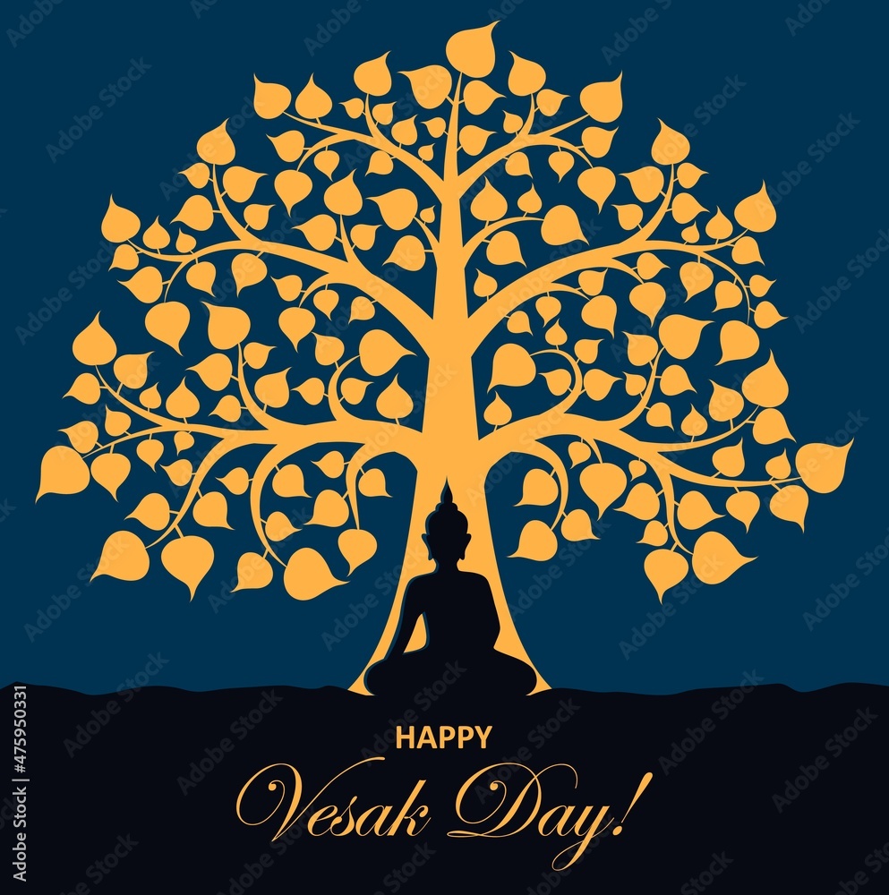 Vesak day and Buddha monk under tree, Happy Wesak Buddhism holiday ...