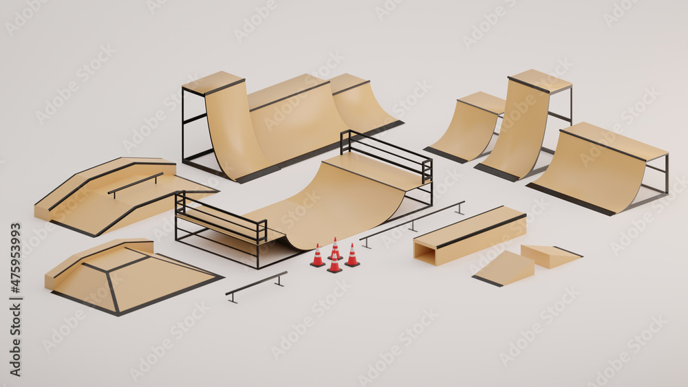 Element skate park half-ramp collection. 3d illustration. Half-ramp ...