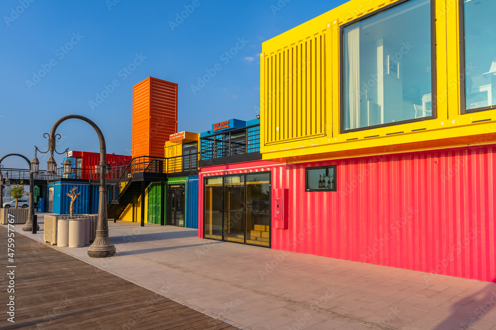 DOHA, QATAR - DEC 16, 2021: Box Park, located at the old Doha Port, is ...
