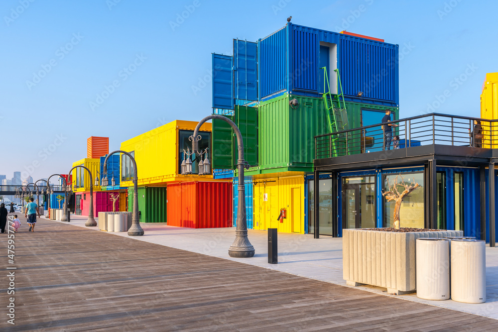 DOHA, QATAR - DEC 16, 2021: Box Park, located at the old Doha Port, is ...