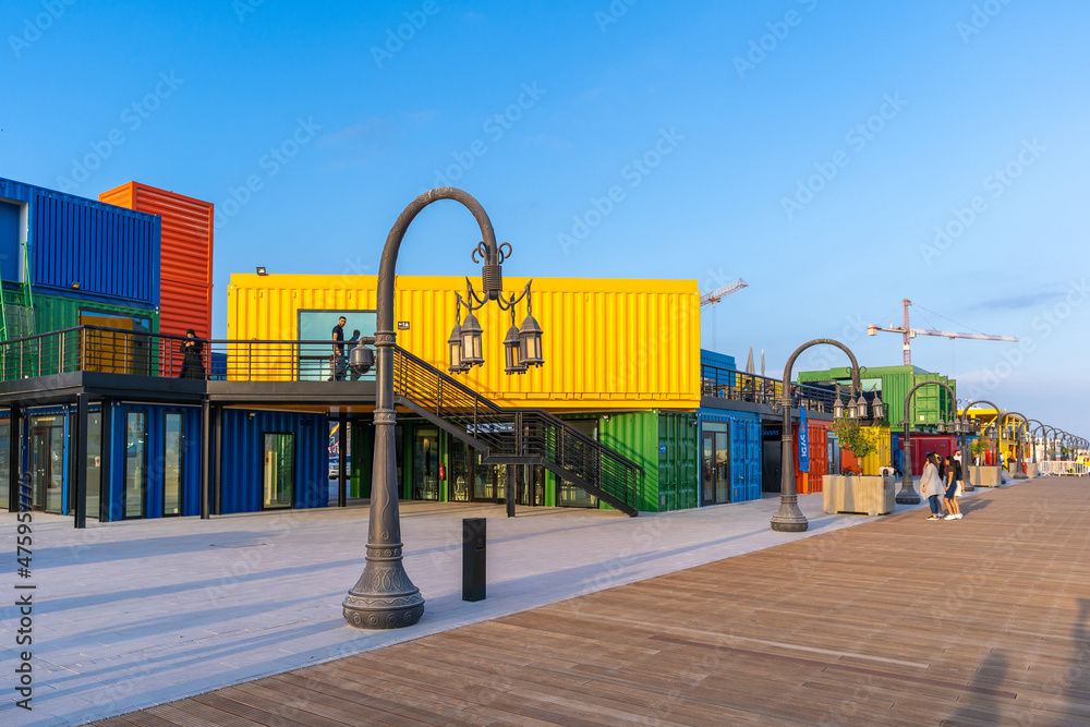 DOHA, QATAR - DEC 16, 2021: Box Park, located at the old Doha Port, is ...