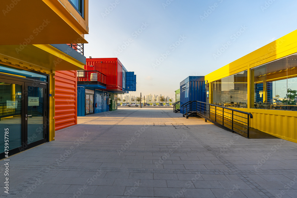 DOHA, QATAR - DEC 16, 2021: Box Park, located at the old Doha Port, is ...