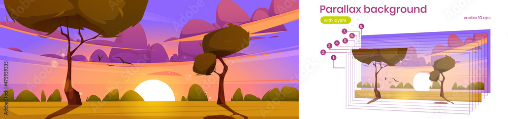 Parallax background Cartoon dusk nature landscape, green field with ...