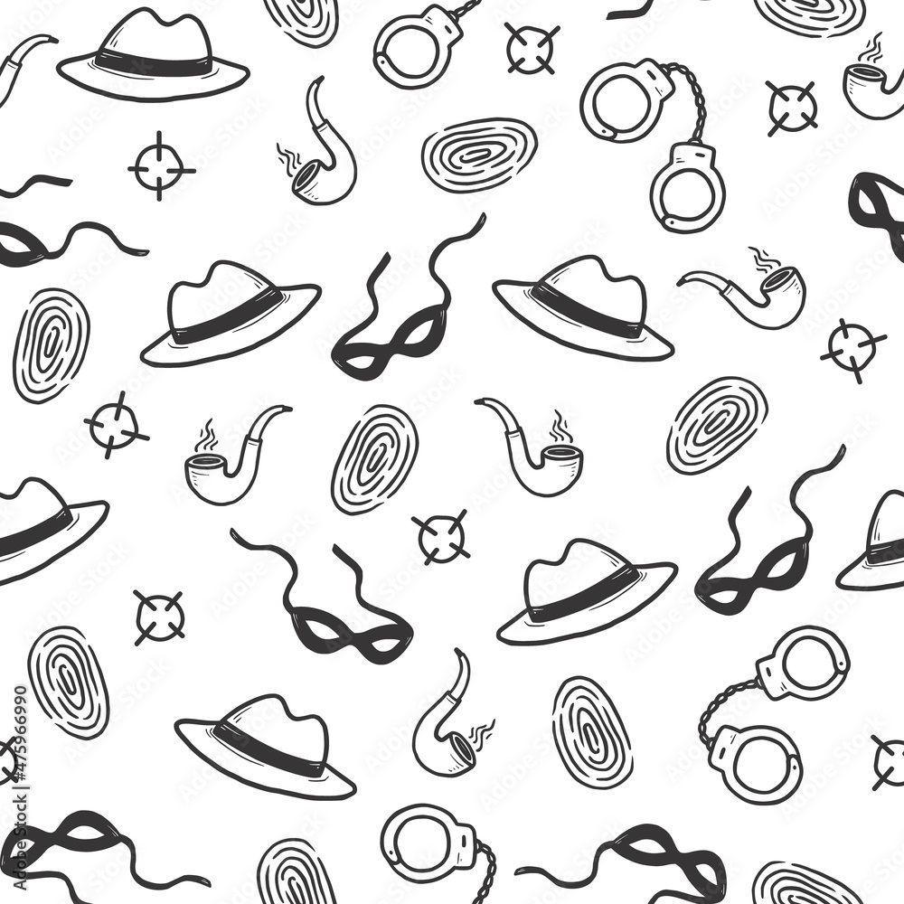 Detective seamless pattern. Hand drawn sketch doodle style crime ...