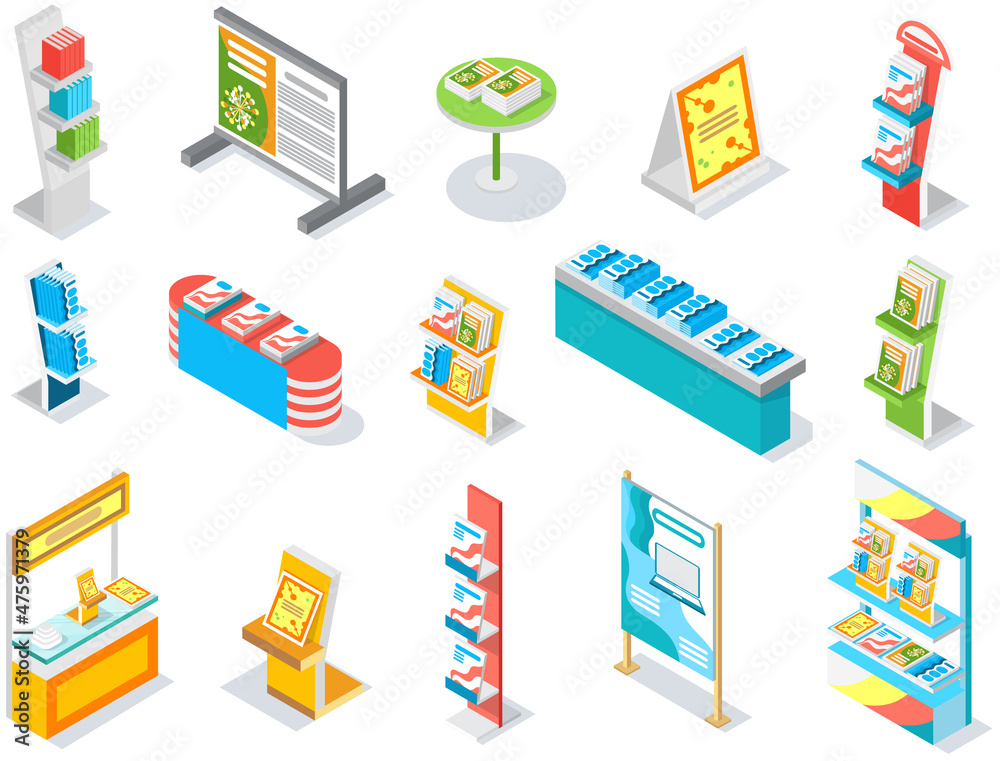 Trading equipment set, empty shelves for goods. Store furniture vector ...