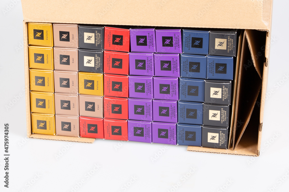 Nespresso sign logo and brand text on box of coffee capsule in delivery ...