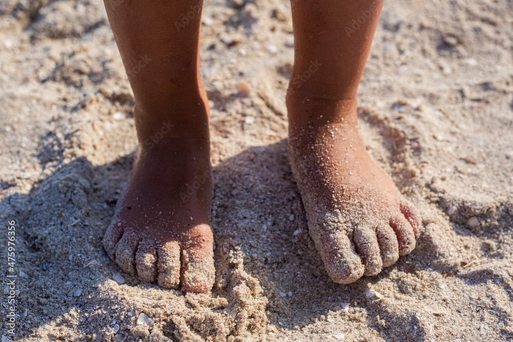 Child's feet in the sand on a sandy beach. Top view, flat lay. Stock ...