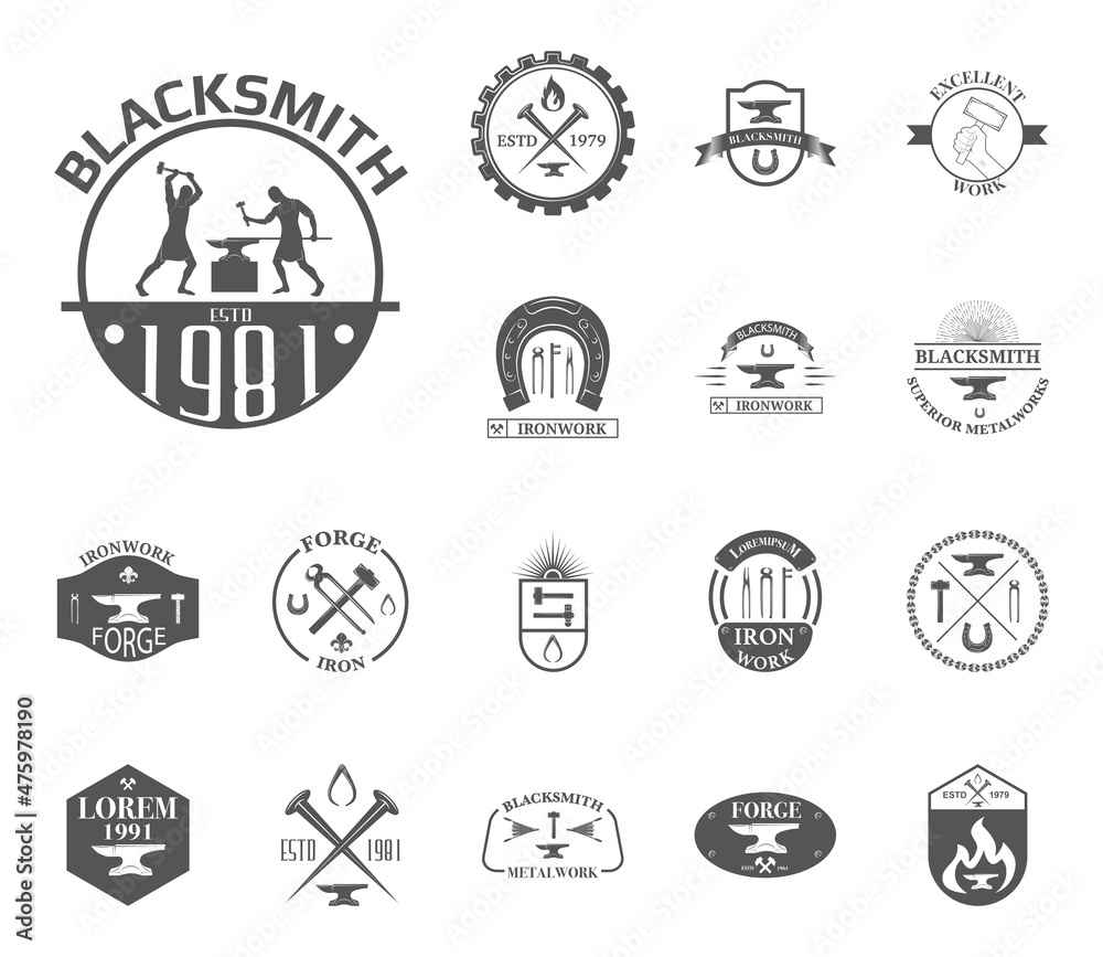 Set of vintage blacksmith labels, badges, emblems and design elements ...