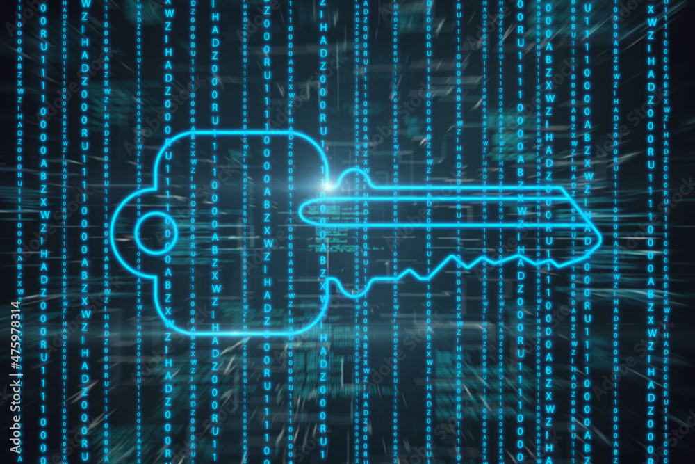 Blue digital key on dark coding language background. Technology and web ...