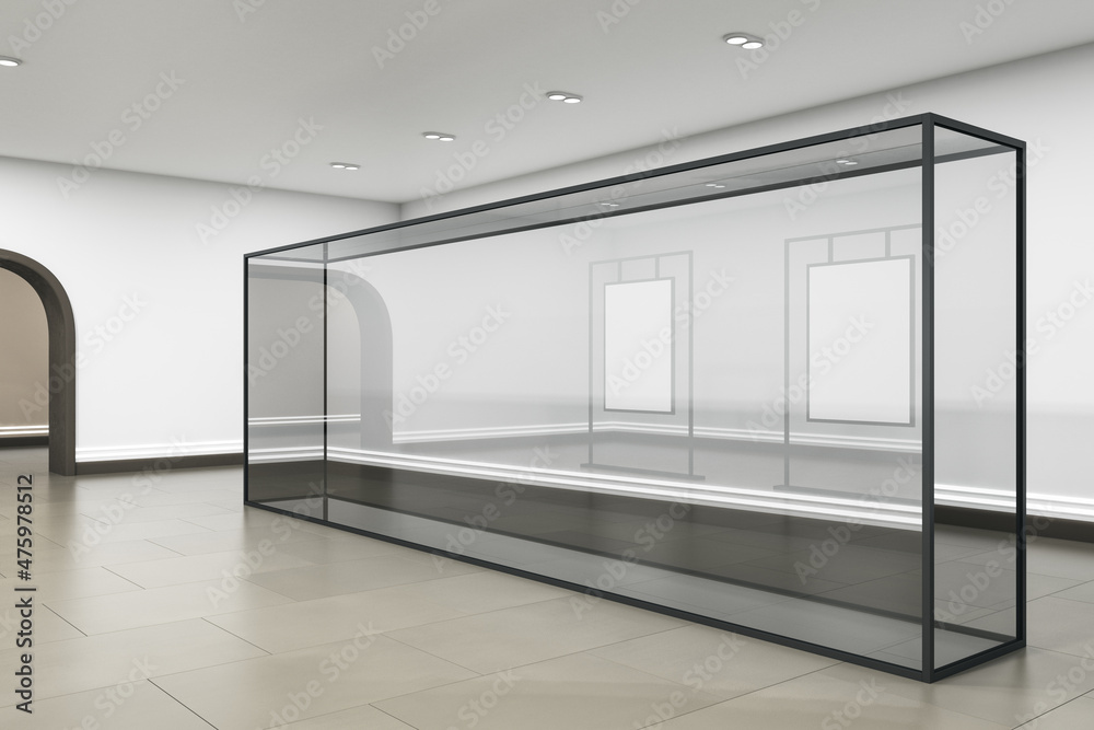 Modern exhibition hall interior with arch entrance and empty glass ...