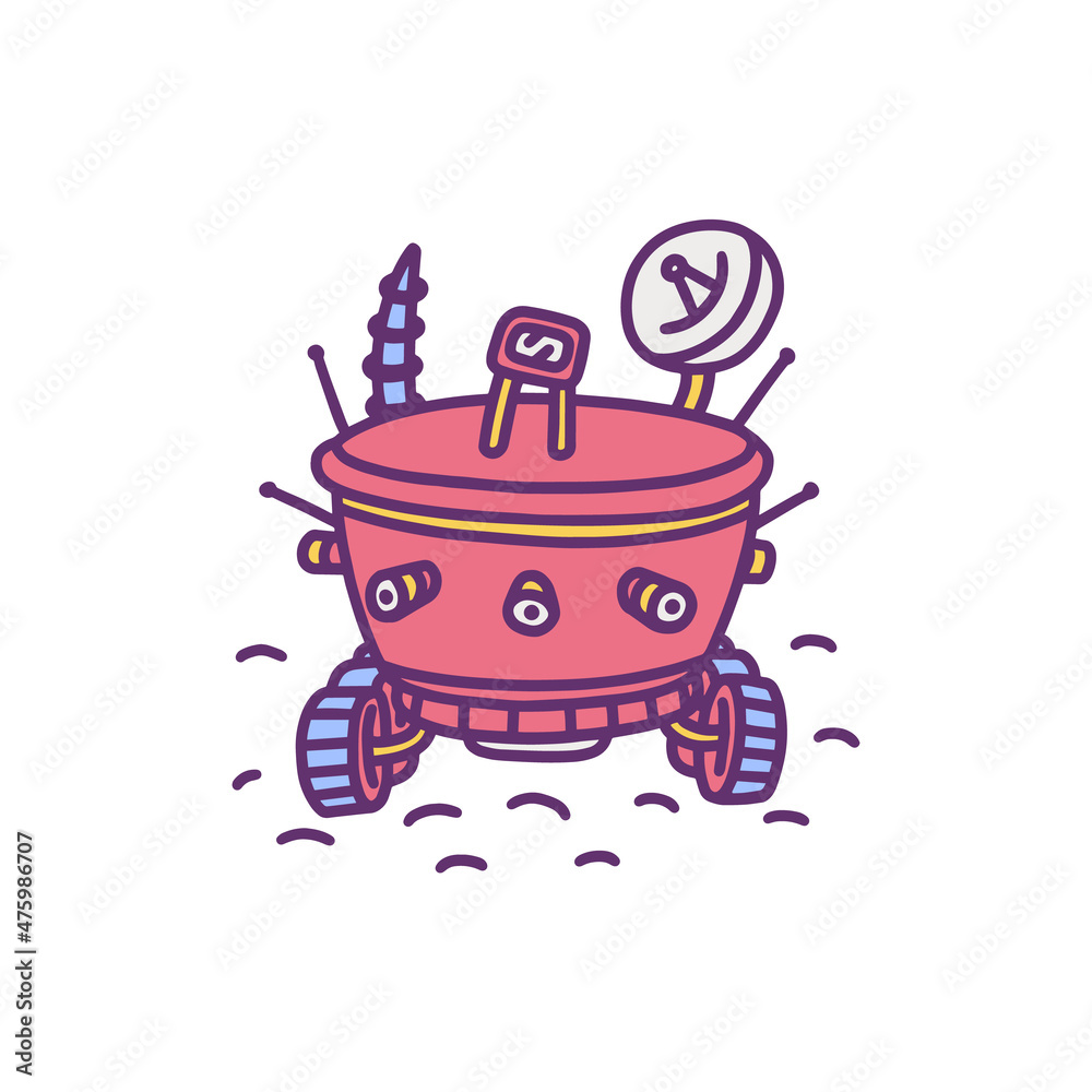 Red rover explorer doodle icon. Planet rover robot colored drawing ...