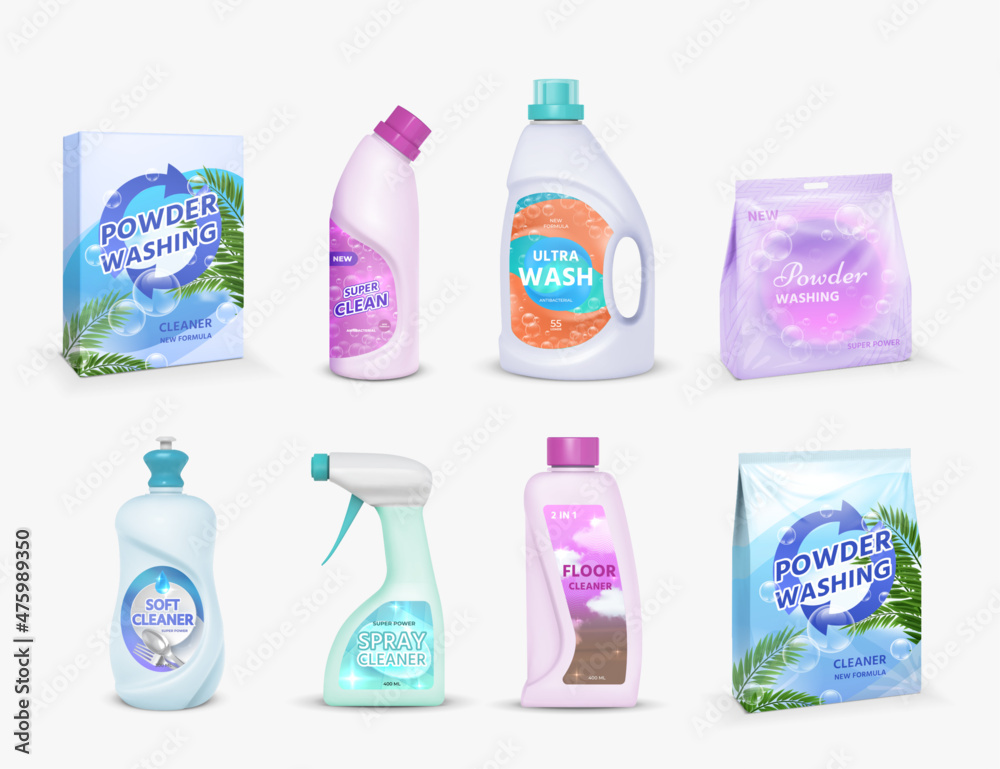 Realistic household cleaning product package with label design ...