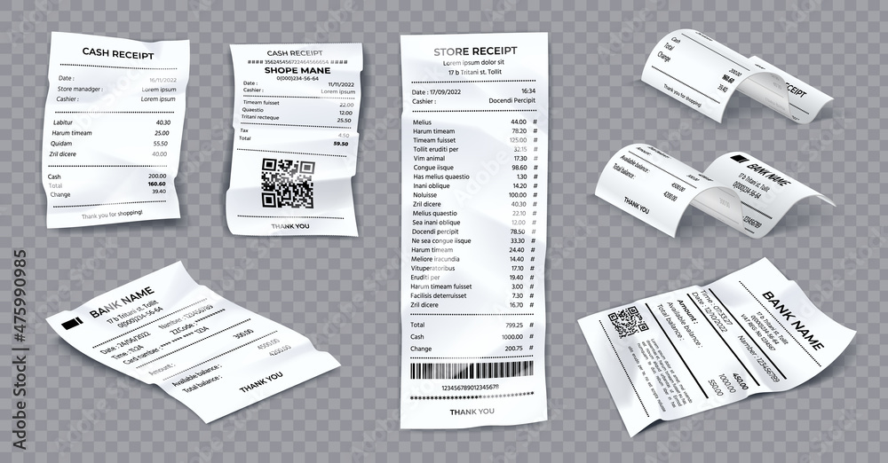 Realistic rolled, curved and crumpled bank and shop receipts. White ...