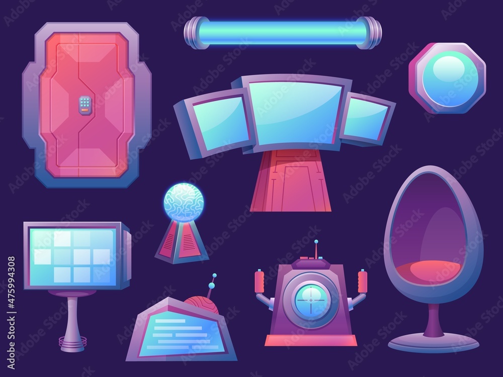 Cartoon futuristic alien space ship room interior elements. Spaceship ...
