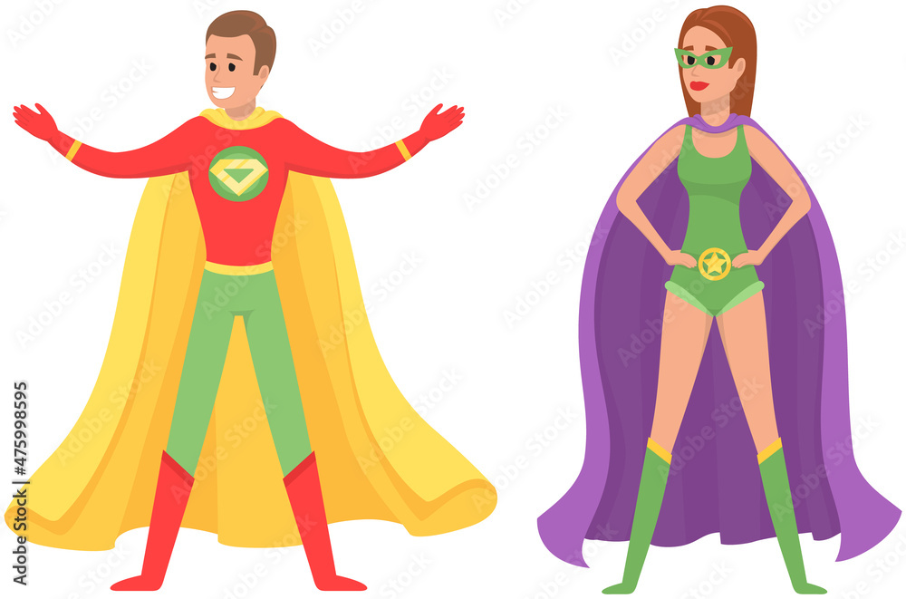 Strong super man and super woman smiles and flies to save world ...
