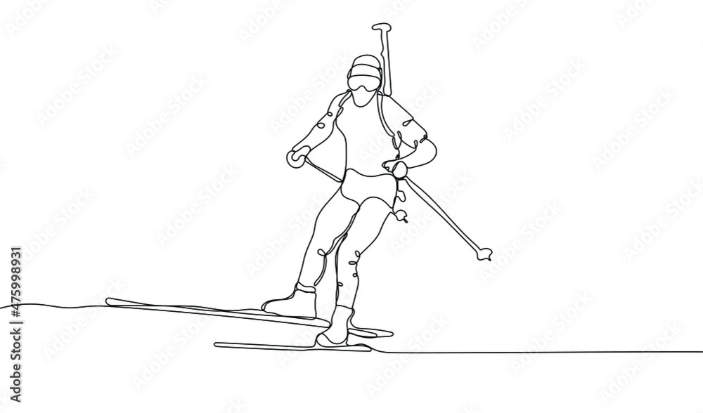 Continuous one line drawing of biathlon athlete. Skiing and shooting ...